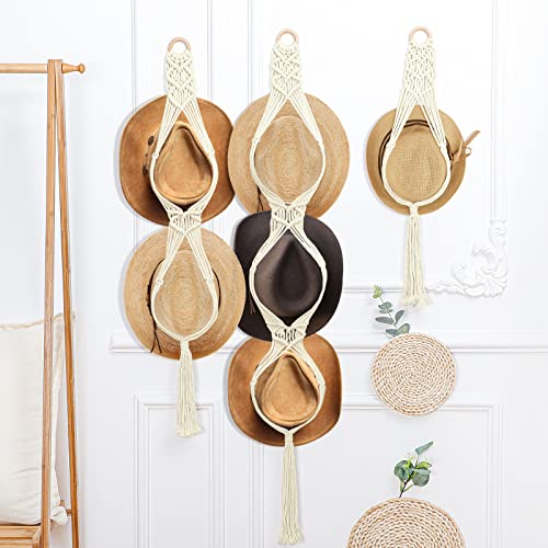 Tondiamo 3 Pieces Boho Hat Hangers Macrame Hat Organizer Wall Hanging Cowboy Hat Rack Decorative Hand Weaving Hat Holder Organizer for Wide Brim and Fedoras Sun Hat Baseball Caps Display, 3 Styles