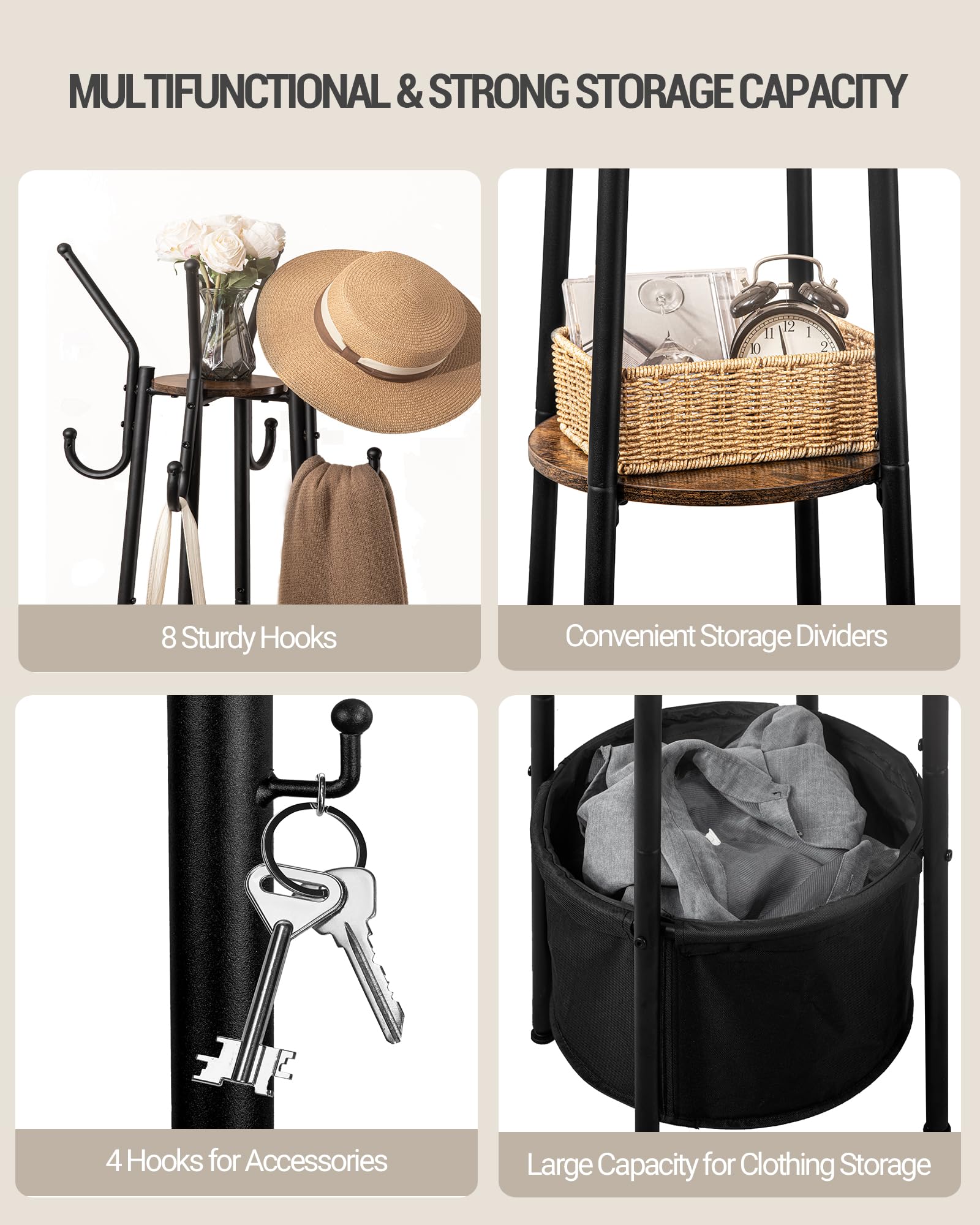 Hzuaneri Coat Rack Freestanding, Coat Rack Stand with 12 Hooks, Coat Tree, Coat Racks Coat Hanger Stand with 2 Shelves and Storage Basket, Hall Tree for Entrance, Hallway, Black CR24701B