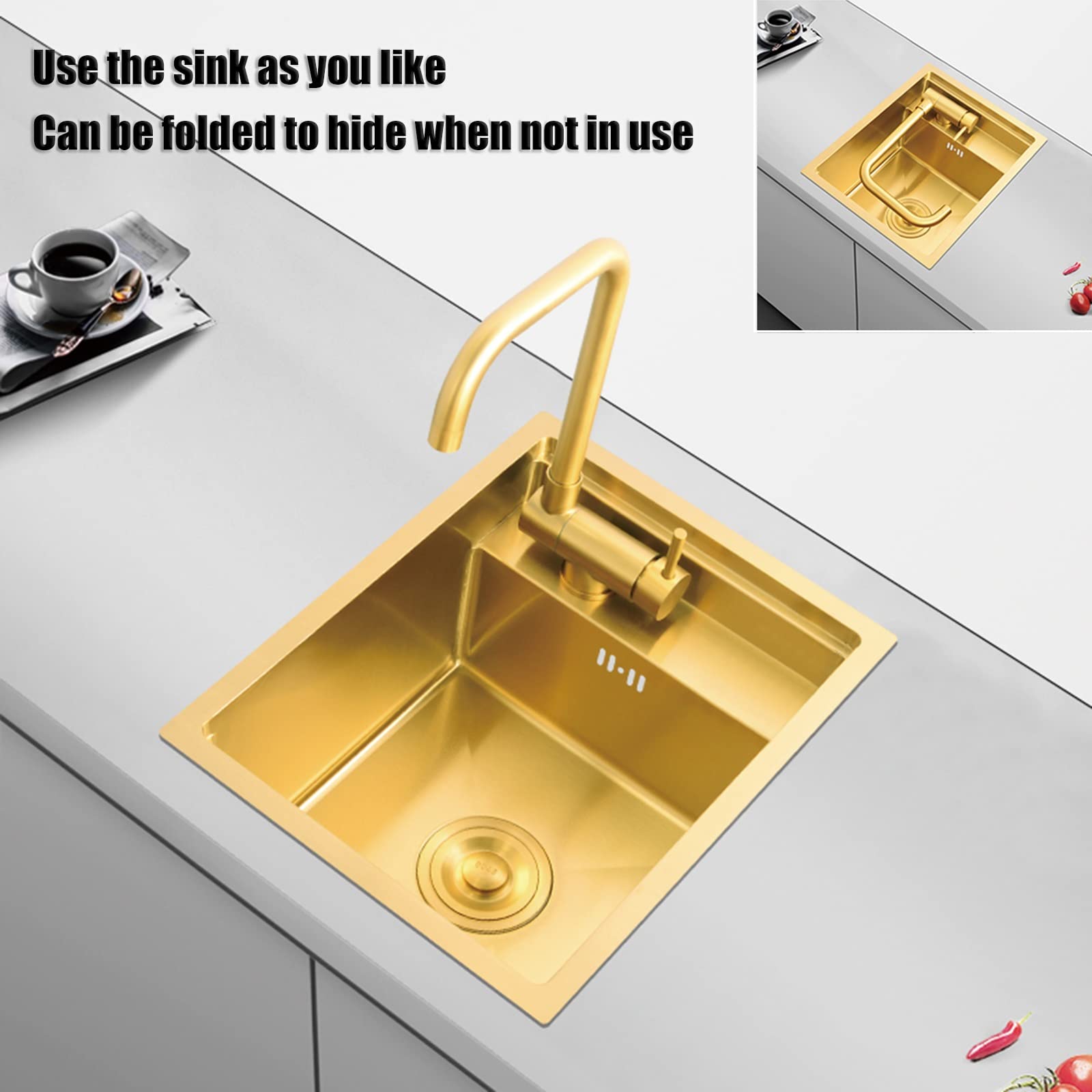 FAFACAI Kitchen Sink Golden Bar Sink Stainless Steel Set Balcony Mini Handmade Pool with Faucet Drop in Or Undermount (Color : Gold, Size : 45x30x23cm) (Gold 45x30x23cm)
