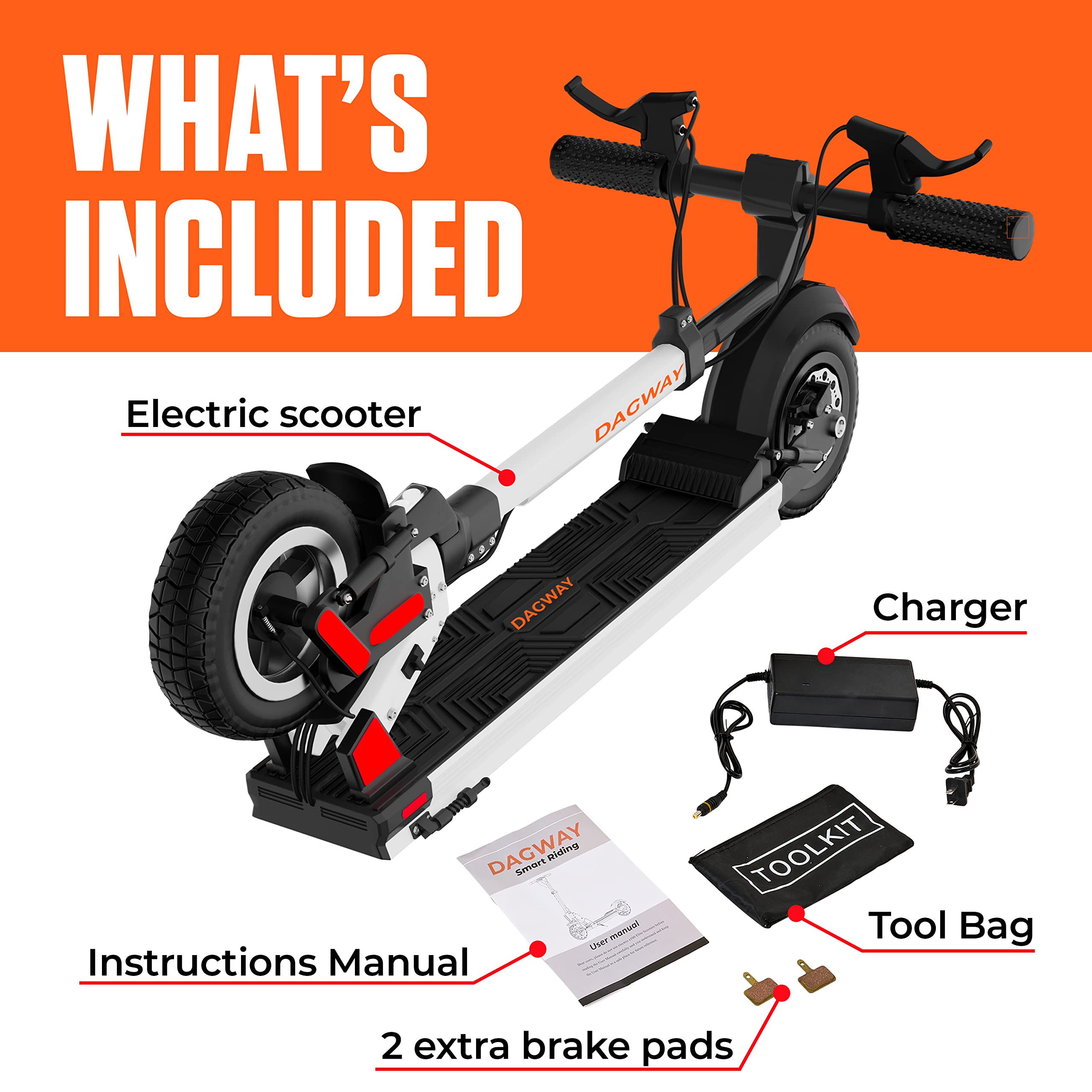 DAGWAY - Ultra Long-Range 56-Mile Electric Scooter for Adults and Kids, Sleek Foldable Electric Scooter, Fast-Charging 500W Motorized Scooter, with Front and Rear Wheel Shock Absorbers (White)