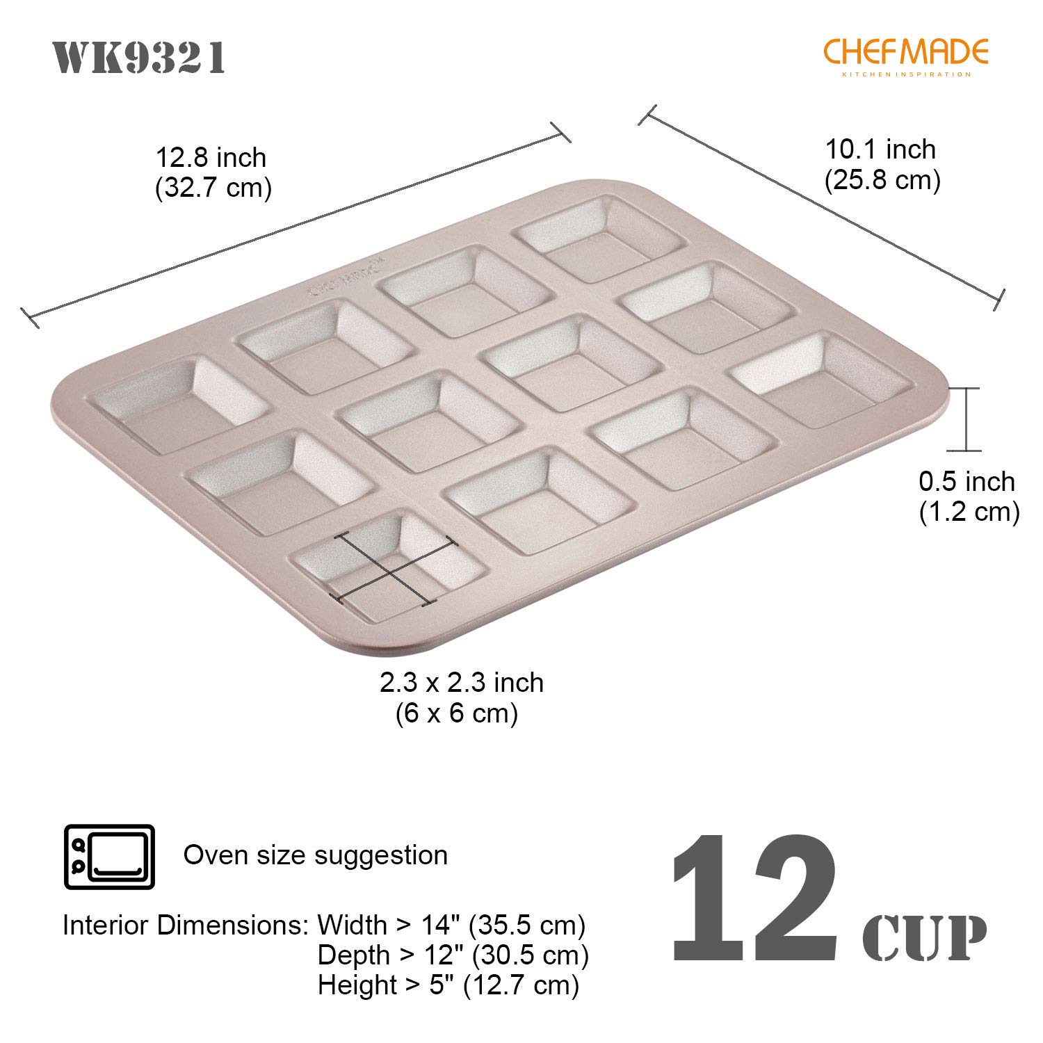 CHEFMADE Financier Cake Pan, 12-Cavity Non-Stick Square Muffin Pan Biscuits Cookies Bakeware for Oven Baking (Champagne Gold