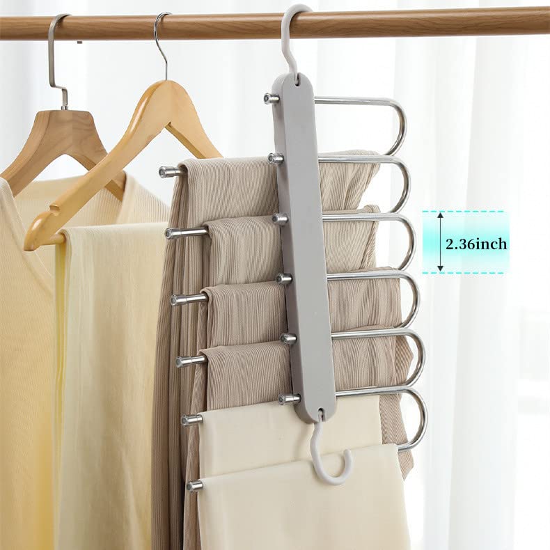 Pants Hangers Space Saving | Lerkumey Non-Slip Clothes Hangers | Multifunctional Clothes Pants Hangers Closet Storage Organizer | 6 Layered Pants Rack Organizer for Scarf Jeans Trousers(Grey)