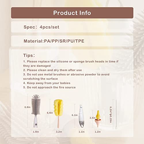 SEEDNUR Baby Bottle Brush Silicone Cleaning Brushes Water Bottle Cleaner 4pcs(Gray)