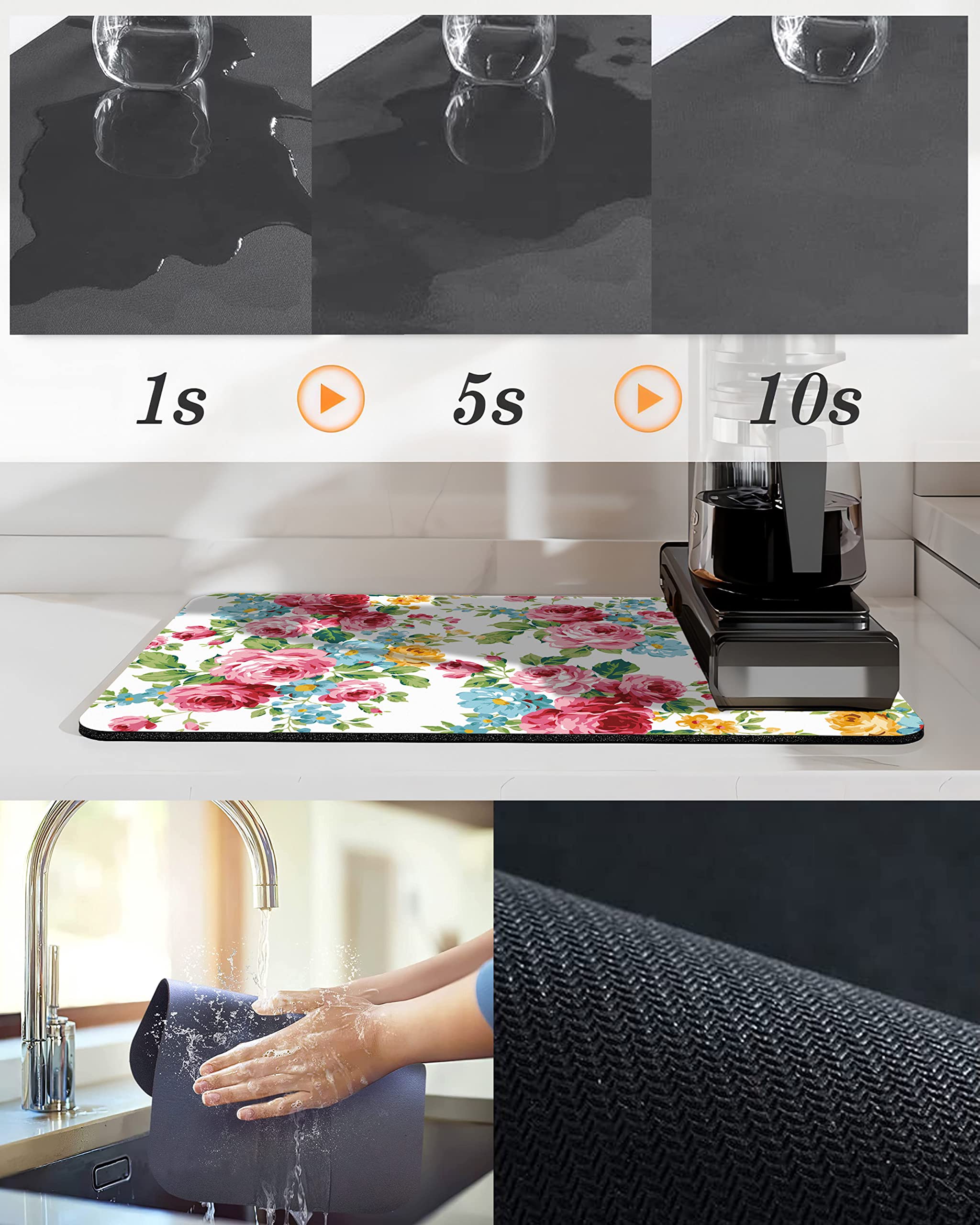Coffee Bar Mat Accessories for Countertop Pioneer Flower Absorbent Hide Stain Rubber Backed Dish Drying Mats for Kitchen Counter Draining Pad Decor Gift Fit Under Coffee Maker (20x12in)