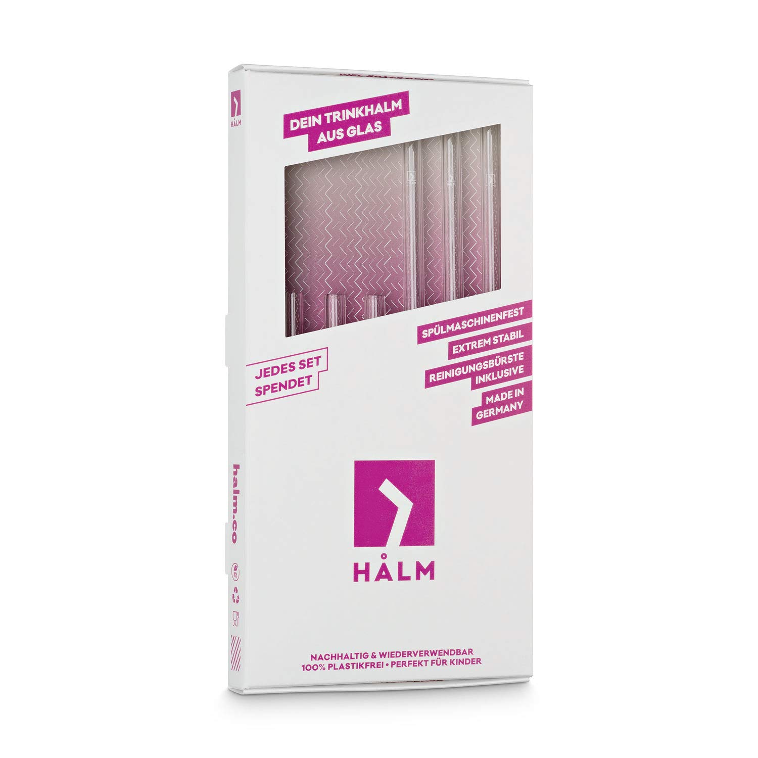 HALM Glass Straws - Variety Pack: 6 Reusable Drinking Straws in 2 Sizes + Plastic-Free Cleaning Brush - Made in Germany - Dishwasher Safe - Eco-Friendly - Perfect for Smoothies, Cocktails