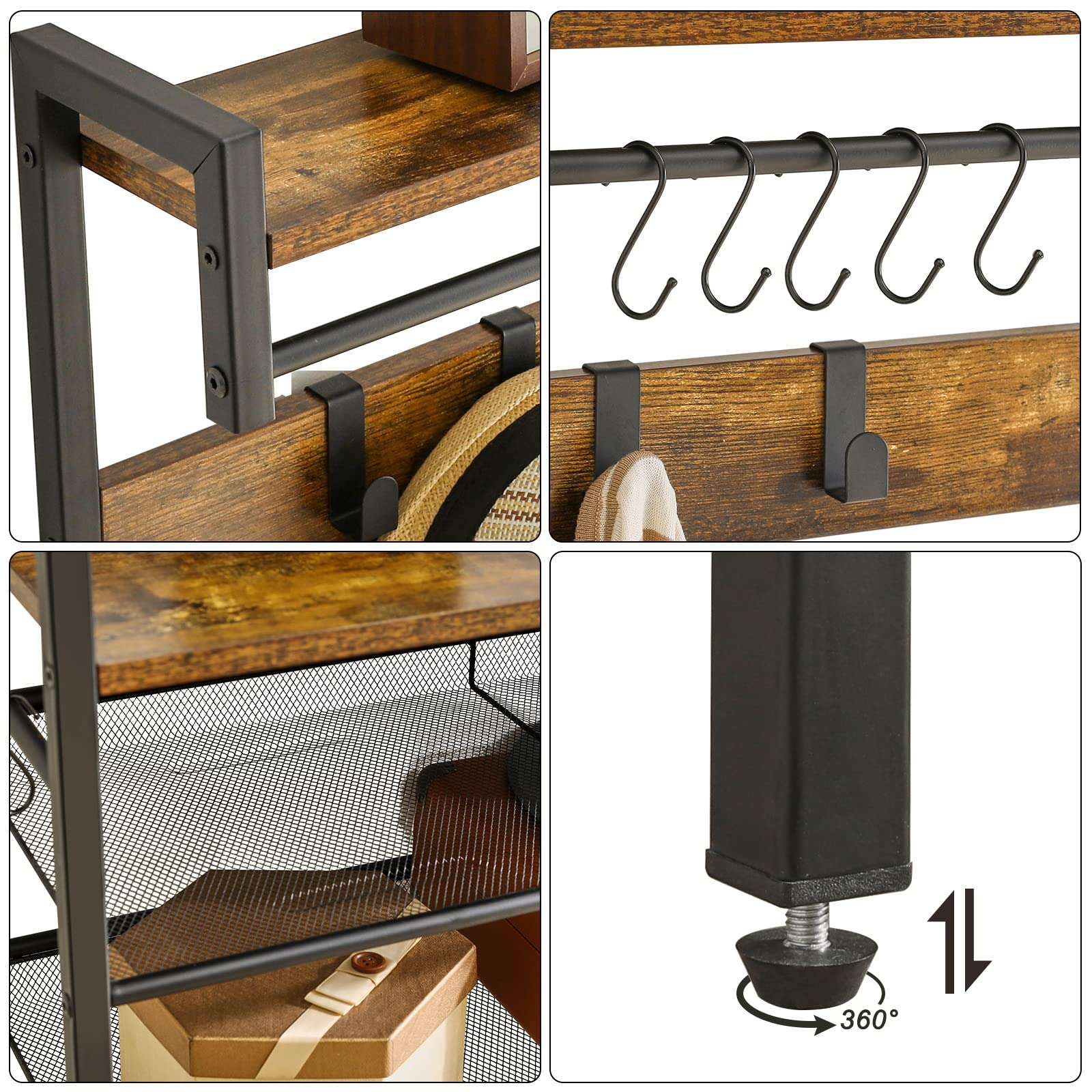 IBUYKE Coat Rack Shoe Rack, 4 in 1 Multi-Function Hall Tree with Slant Adjustable Shoe Storage, 5-Tier Storage Shelf and 9 Hooks Removable, Industrial Accent Furniture for Entryway, UTXJ008H