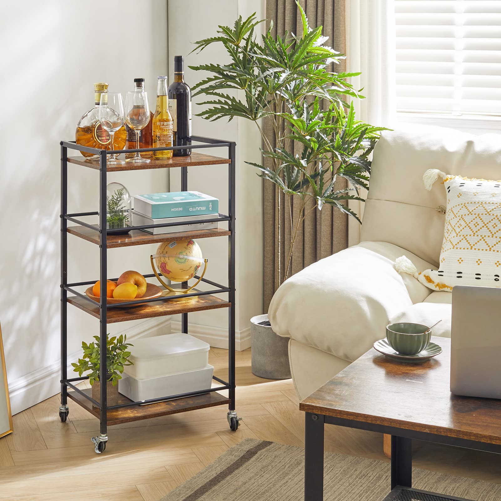 IBUYKE Industrial Bar Carts, Kitchen Storage Serving Cart, Mobile Kitchen Shelf,4 Tier Storage Cart for Bath, Kitchen, Bedroom, Living Room Rustic Brown and Black TMJ419H