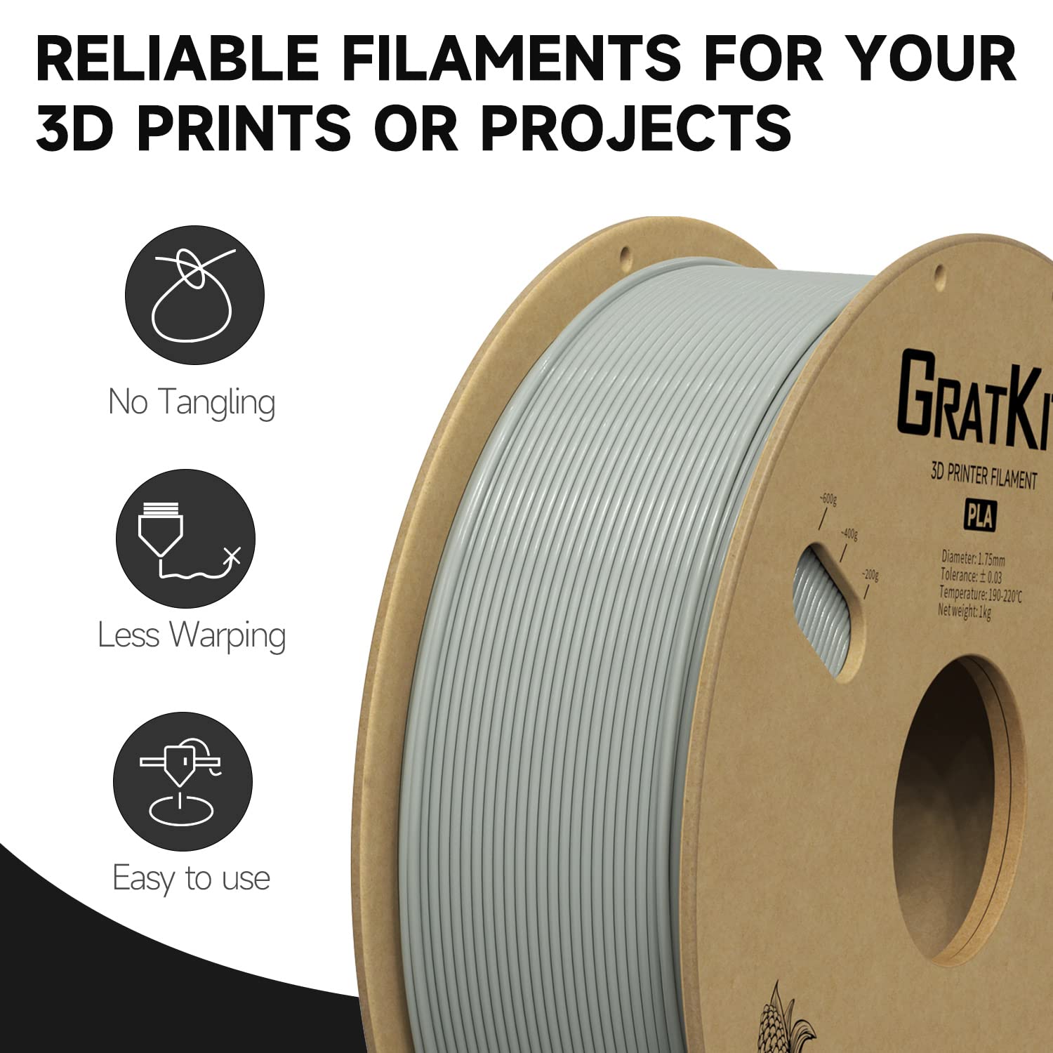 GratKit PLA 3D Printer Filament 1KG, PLA Filament 1.75mm,+/-0.03mm, 3D Printing Filament Grey