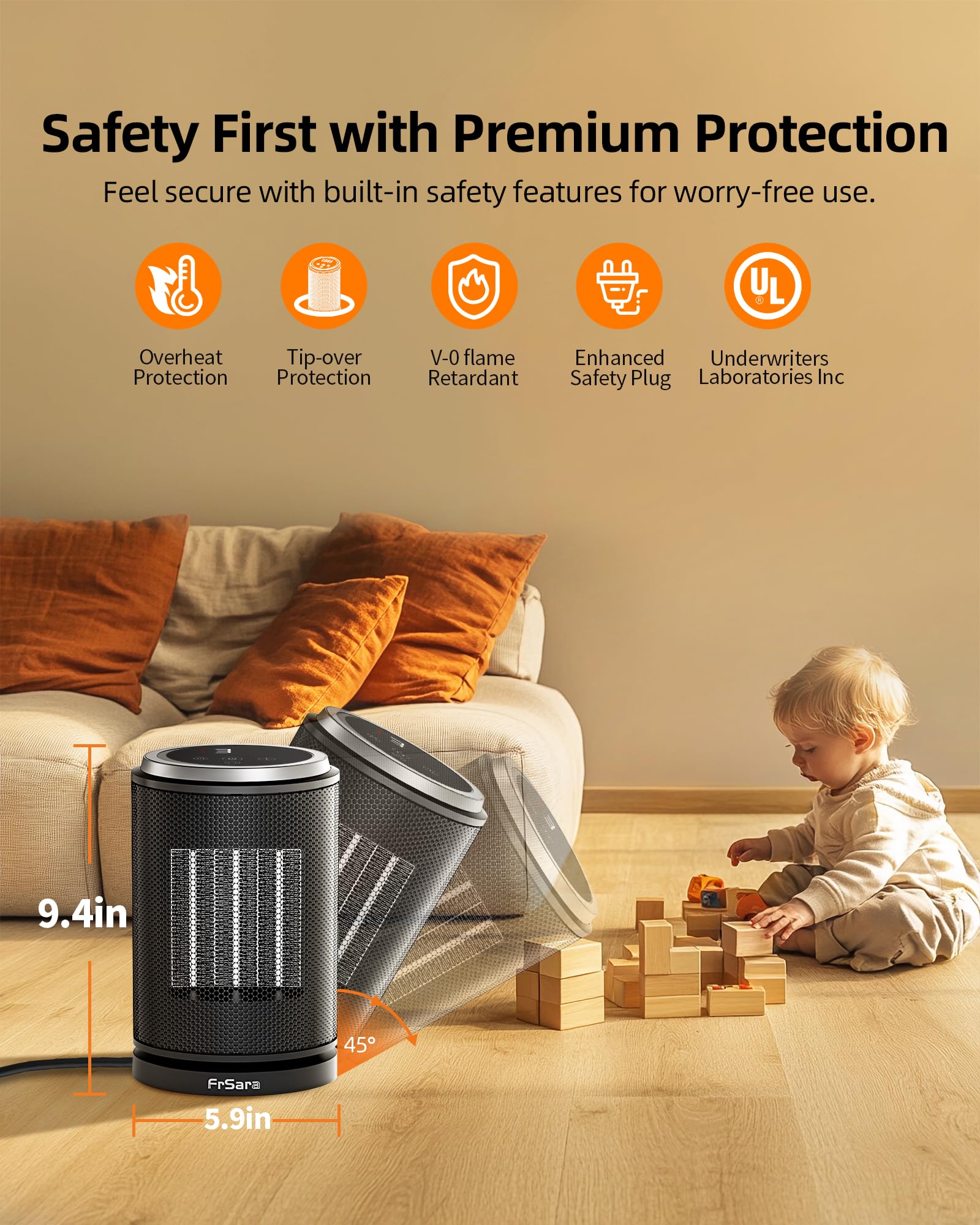 FrSara Space Heater, Space Heaters for Indoor Use 1200W Two-Speed Adjustment, Ceramic Heating, Anti-Dumping, Anti-Overheating, Double Protection, no Odor, Safe and Environmentally Friendly