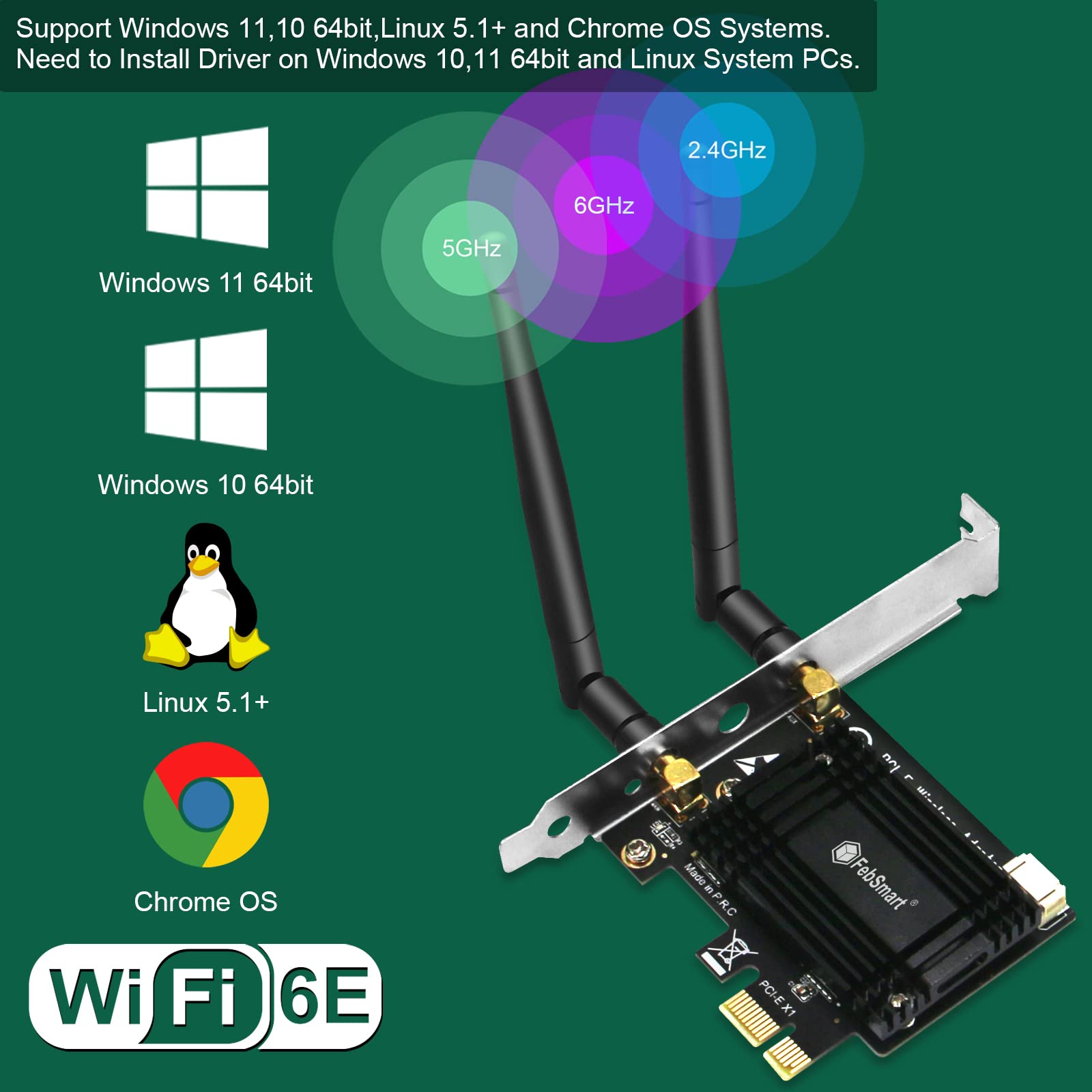 FebSmart WiFi 6E 5400Mbps Tri-band PCIE WiFi Card for Windows 11, 10 64bit and Linux Kernel 5.1 Desktop PCs, 2.4GHz 574Mbps, 5GHz 2400Mbps and 6GHz 2400Mbps for Gaming, Intel WiFi 6E AX210NGW (AX5400)