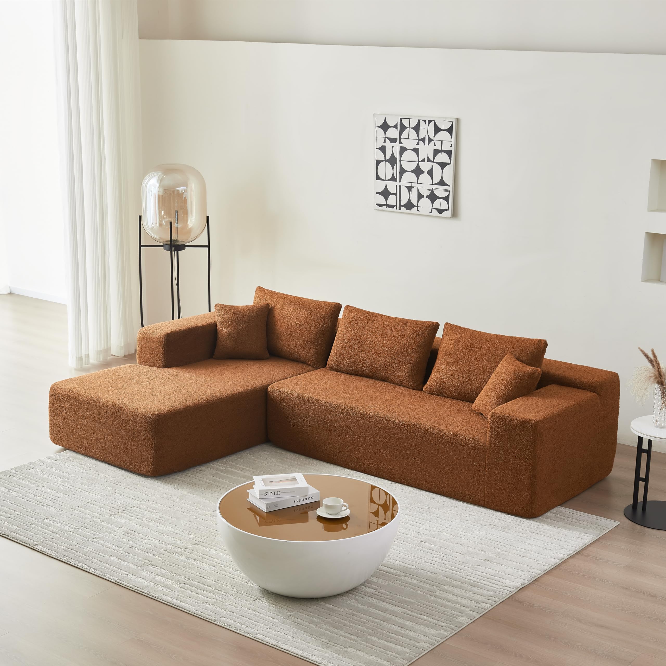 JUSTONE 104.33" Sponge Sectional Sofa Couch for Living Room, L Shaped Lamb Modular High Density Sponge Floor Sofa Couch with Chaise Lounge,Cloud Couch, Orange