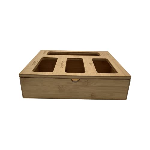 RUBY MAE BAMBOO BAG STORAGE ORGANIZER AND DISPENSER FOR SANDWICH, SNACK, QUART AND GALLON SIZE BAGS STORED IN KITCHEN DRAWER OR HANG ON WALL IN PANTRY