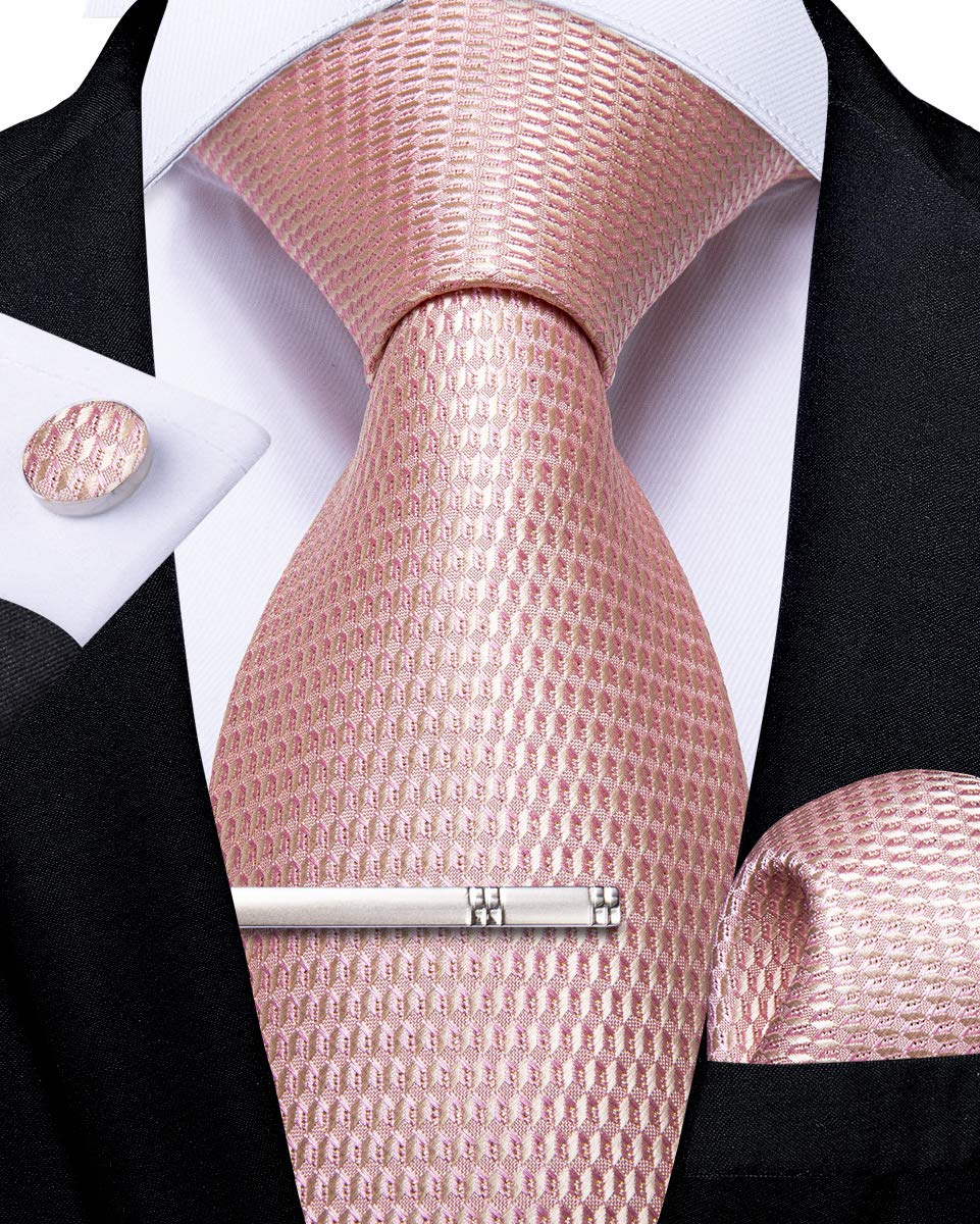 DiBanGu Mens Silk Tie and Bowtie Lapel Pin Tie Clip Set Paisley Solid Necktie and Pocket Square Cufflinks for Wedding Party, Blush Pink