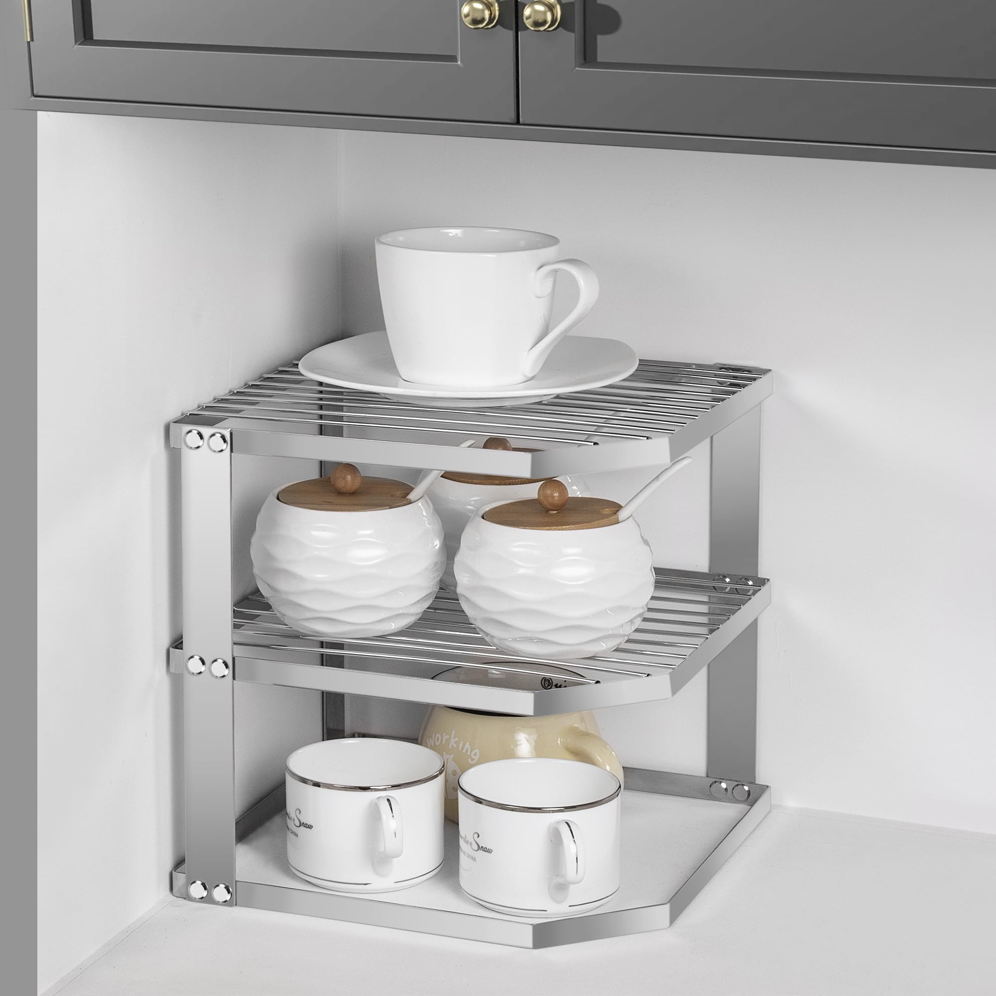 Lonian 3 Tier Counter and Cabinet Corner Shelf Organizer, 2-Pack Kitchen Countertop and Cupboard Organizer Rack, Metal Pantry Organizer and Storage Shelf for Plates, Cups, Dishes 