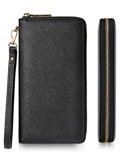 Chelmon Womens Wallet Large Capacity Zip Holder Clutch Bifold Wrist Strap Long Purse Black