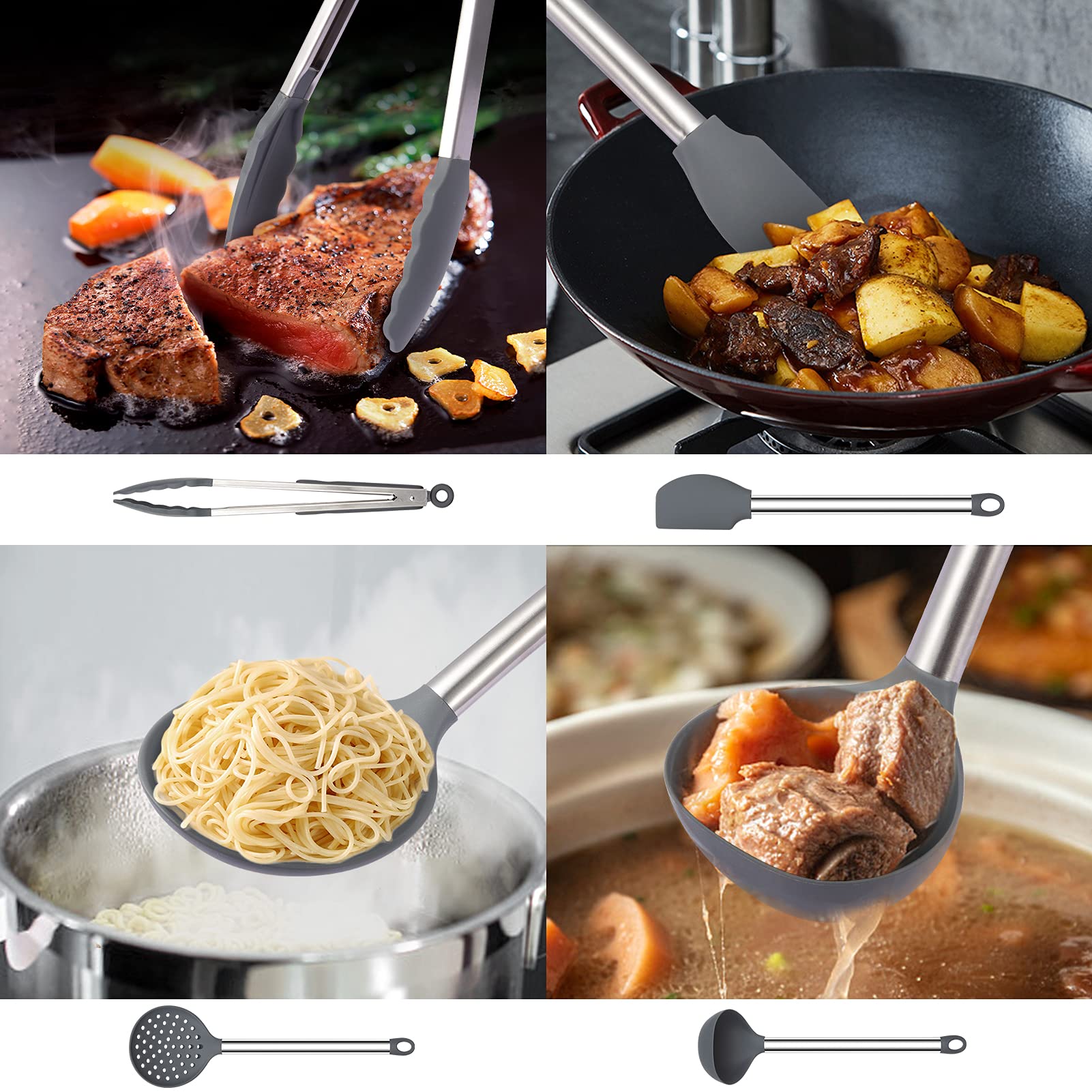 Cibeat Cooking Utensil Set, 27pcs Kitchen Silicone Cooking Utensils Set, Non-stick Kitchen Cookware with Stainless Steel Handle and Holder, Grey