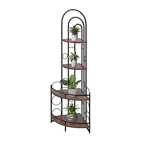 JOIN IRON Fan-Shaped Corner Storage Shelves,4-Tier Corner Shelf,Corner Shelves for Storage and Display,Corner Ladder Shelf for Living Room, Kitchen,Home Office. (Rustic Brown)