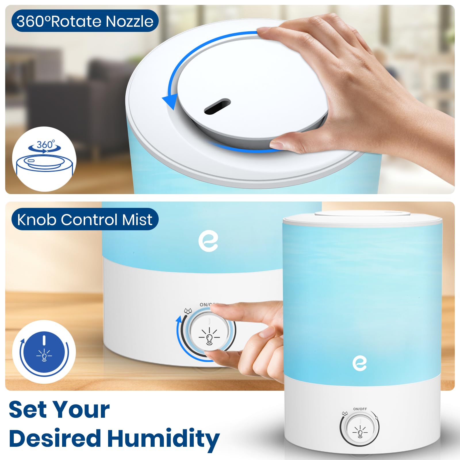 Esemoil Humidifiers for Bedroom, 2.5L Cool Mist Ultrasonic Air Humidifier with Top Fill & Quiet, 360ยฐ Nozzle, BPA Free, 25 Hour Diffuser with 8 Color Light & Auto Shut-off for Home Baby Nursery Plants