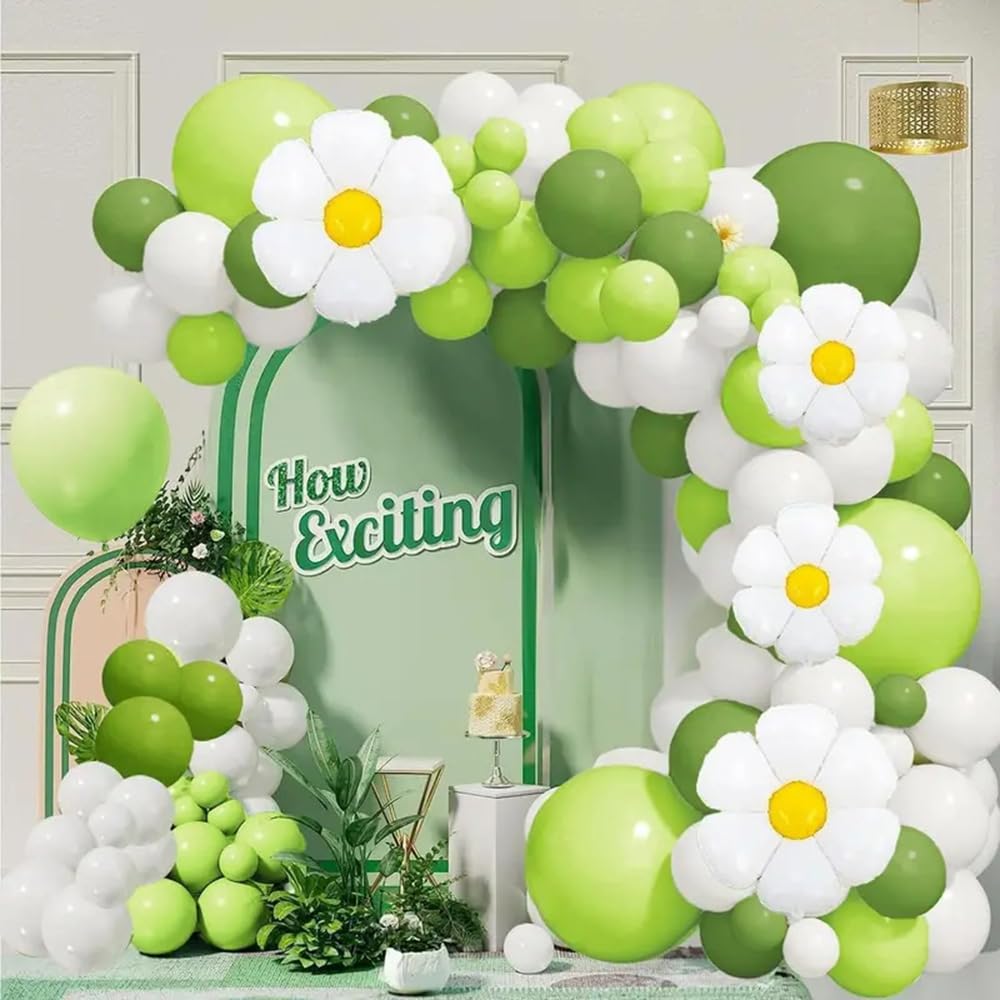 Ipalmay Daisy Balloon Arch Kit for Girls Party Decorations, Flower Theme Green White Balloons Garland for Baby Shower Bridal Shower Graduation Jungle Birthday Party Summer Wedding Photography Props