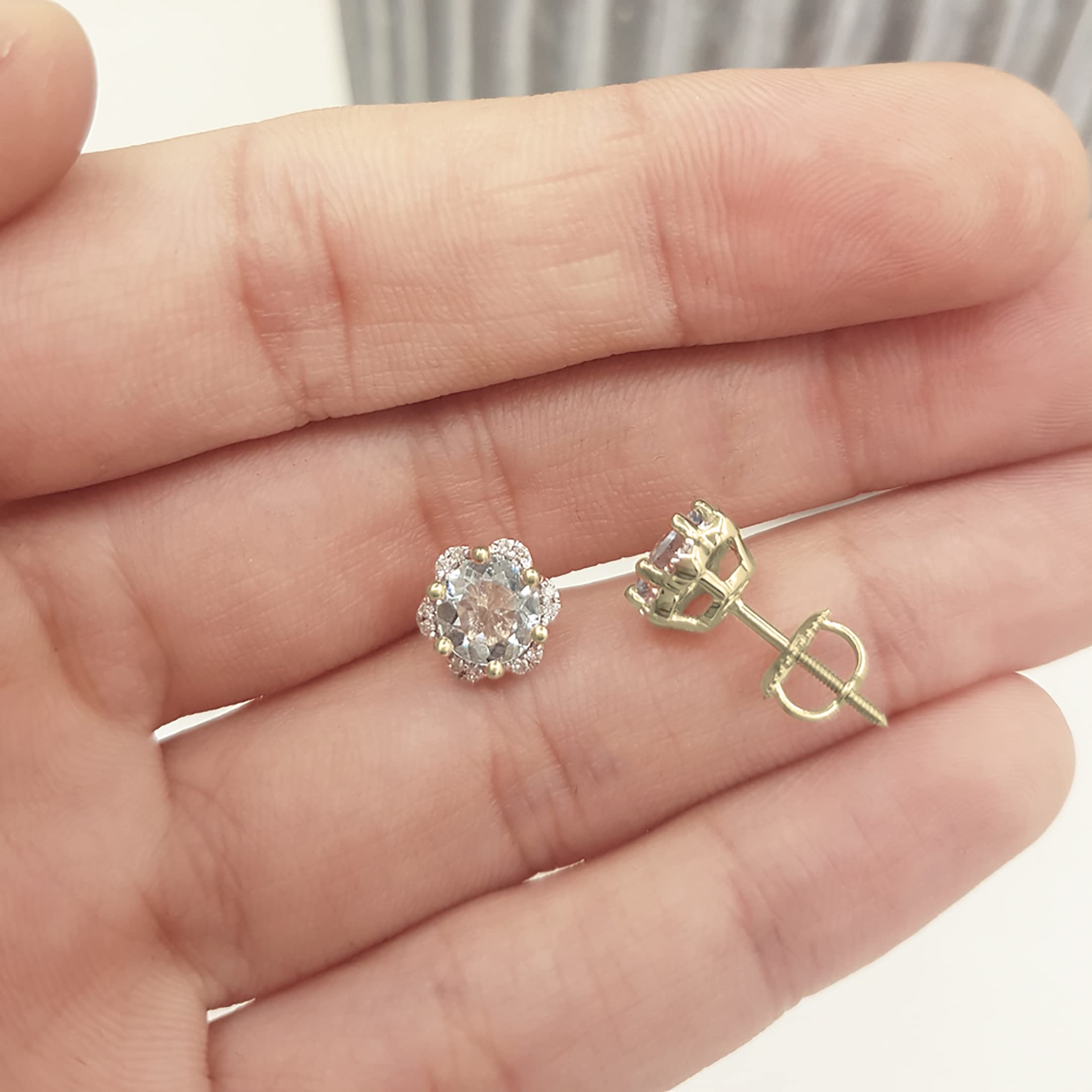 Dazzlingrock Collection 6mm Each Round Aquamarine with White Diamond Cluster Flower Shape Screw Back Stud Earrings for Women in 14K Yellow Gold
