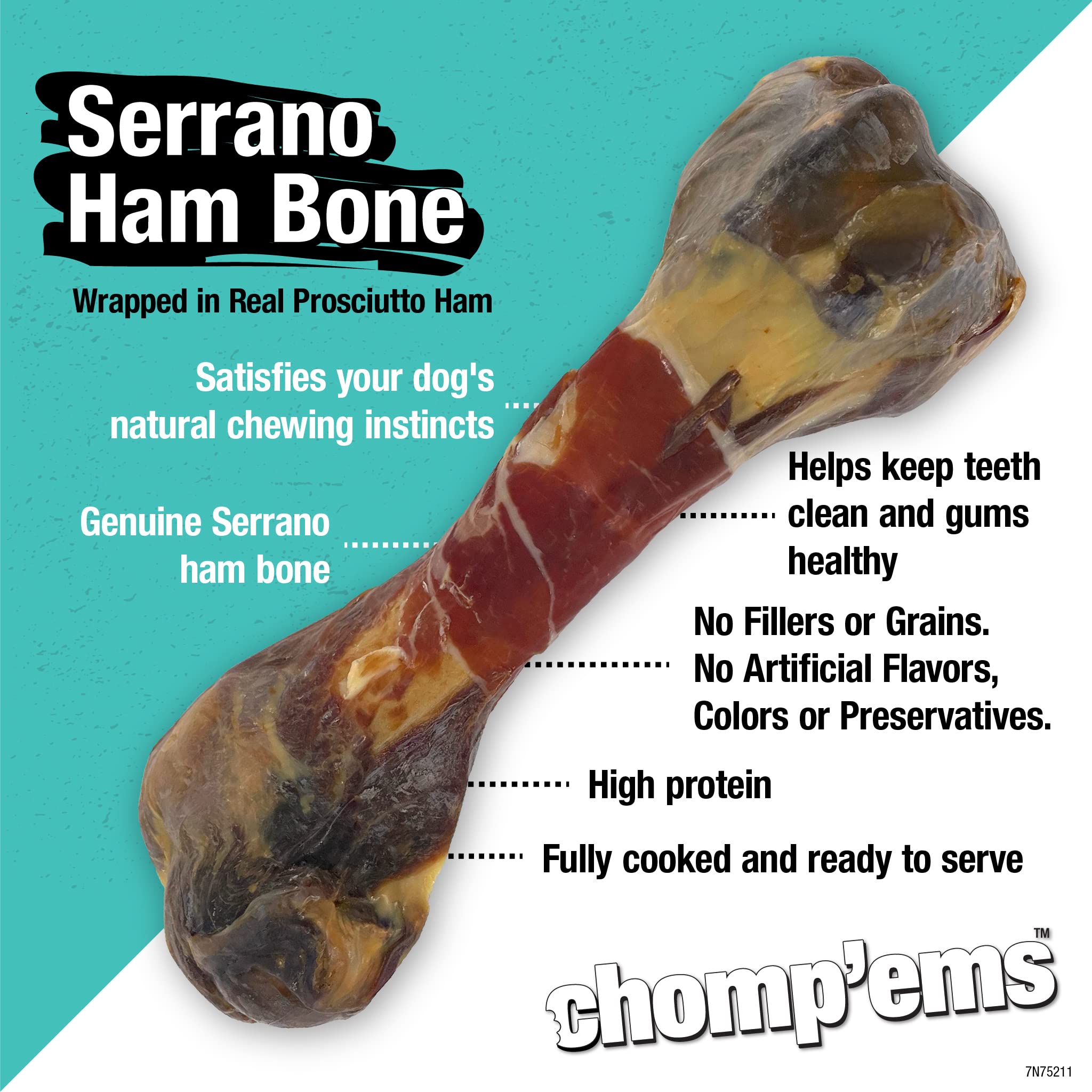Ruffin' It Chomp'ems Serrano Ham Bone Wrapped with Prosciutto, 1 Pack - Healthy, Protein Rich Treats for Dogs - Long Lasting Dog Chews