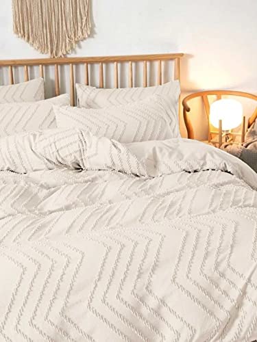 Nanko Beige Duvet Cover Queen Size, 3pc Boho Tufted Microfiber Bedding Comforter Cover Set, All Season Aesthetic Shabby Chic Soft Embroidery Textured Geometric Quilt Cover (90x90)
