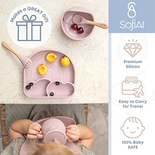 SofiAl Baby Led Weaning Supplies - Silicone Baby Feeding Set - Suction Bowl Divided Plate Bib Spoon Fork Straw Sippy Cup - Toddler Self Feeding Utensils - Infant First Stage Blw Dish 6 Months β 11pcs