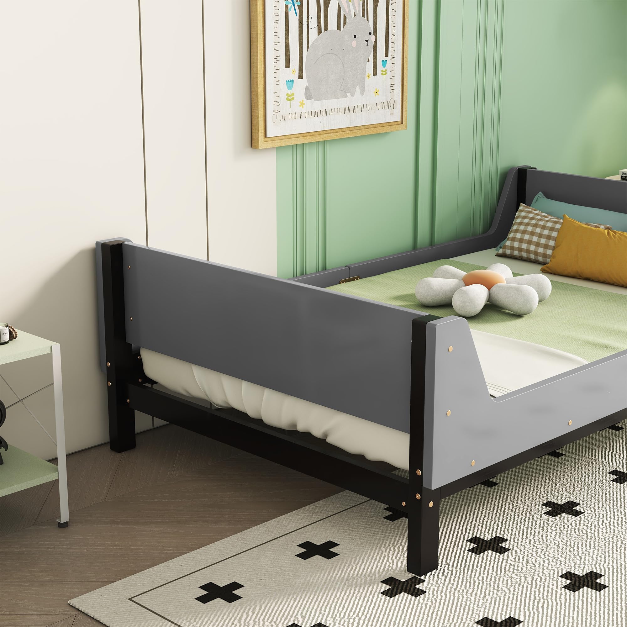 Kids Twin Size Bed Frame with Storage Bookcase, Wood Twin Bed Frames for Kids, Twin Bed Frame with Headboard and Footboard for Boys Girls, No Box Spring Needed,Grey