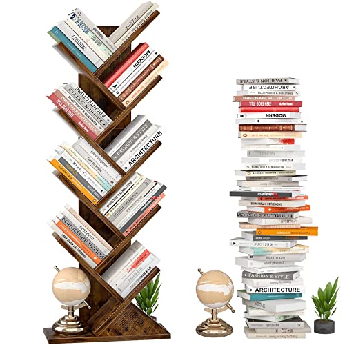 Topfurny Tree Bookshelf, 9-Tier Shelf Rustic Brown Bookcase, Retro Wood Storage Rack for CDs/Movies/Books, Anti-Fall Utility Organizer Shelves for Living Room, Bedroom, Home Office, Rustic Brown