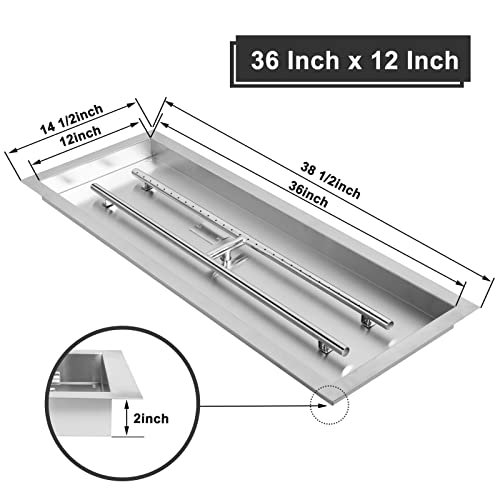 GASPRO 36 x 12 Inch Drop-in Fire Pit Pan and Burner, Natural Gas & Propane Fire Pit Insert with H-Burner, Heavy Duty 304 Stainless Steel, Mounting Plates Included