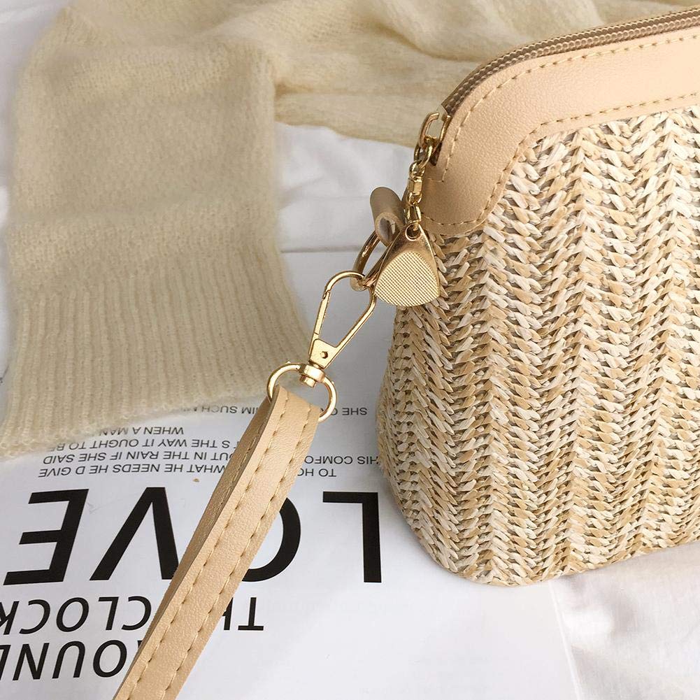 Fashion Straw Crossbody Bag Woven Boho Beach Holiday Women Shell Shoulder Bags, Light Brown, 21 x 18 x 5cm
