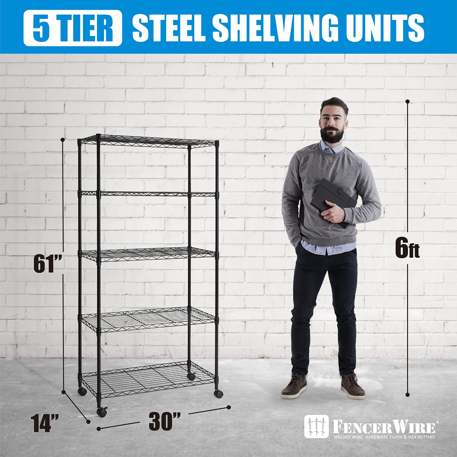 Fencer Wire 4/5-Tier Adjustable Height Wire Shelving Unit, Garage Shelving Storage Organizer, Wire Rack Shelving, Metal Steel Storage Shelf, Utility Storage Shelf with Leveling Feet and Wheels, Black