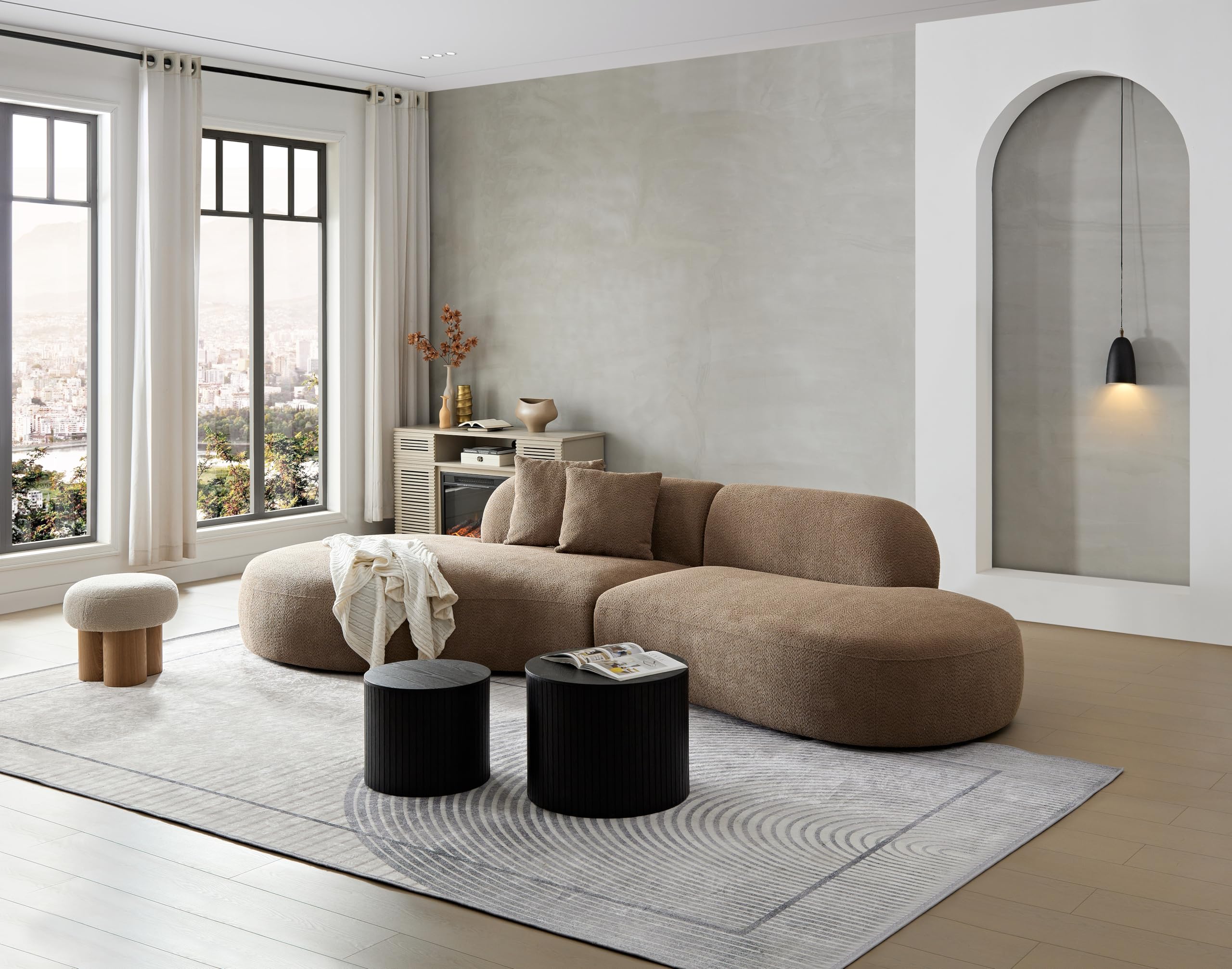 HAMORESPACE 135‘’Curved Sectional Sofa, Multiple Seating Positions, Fabric Upholstery Couch for with Pillows for Living Room Office,Apartment (Camel,Left-Facing)