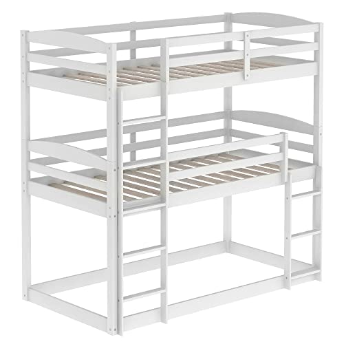 Lifeand Twin Over Twin Over Twin Triple Bunk Bed with 2 Built-in Ladders,Wooden Floor Bunk Bedframe with Safety Guardrail & Ladder for 3 Kids Teens,White