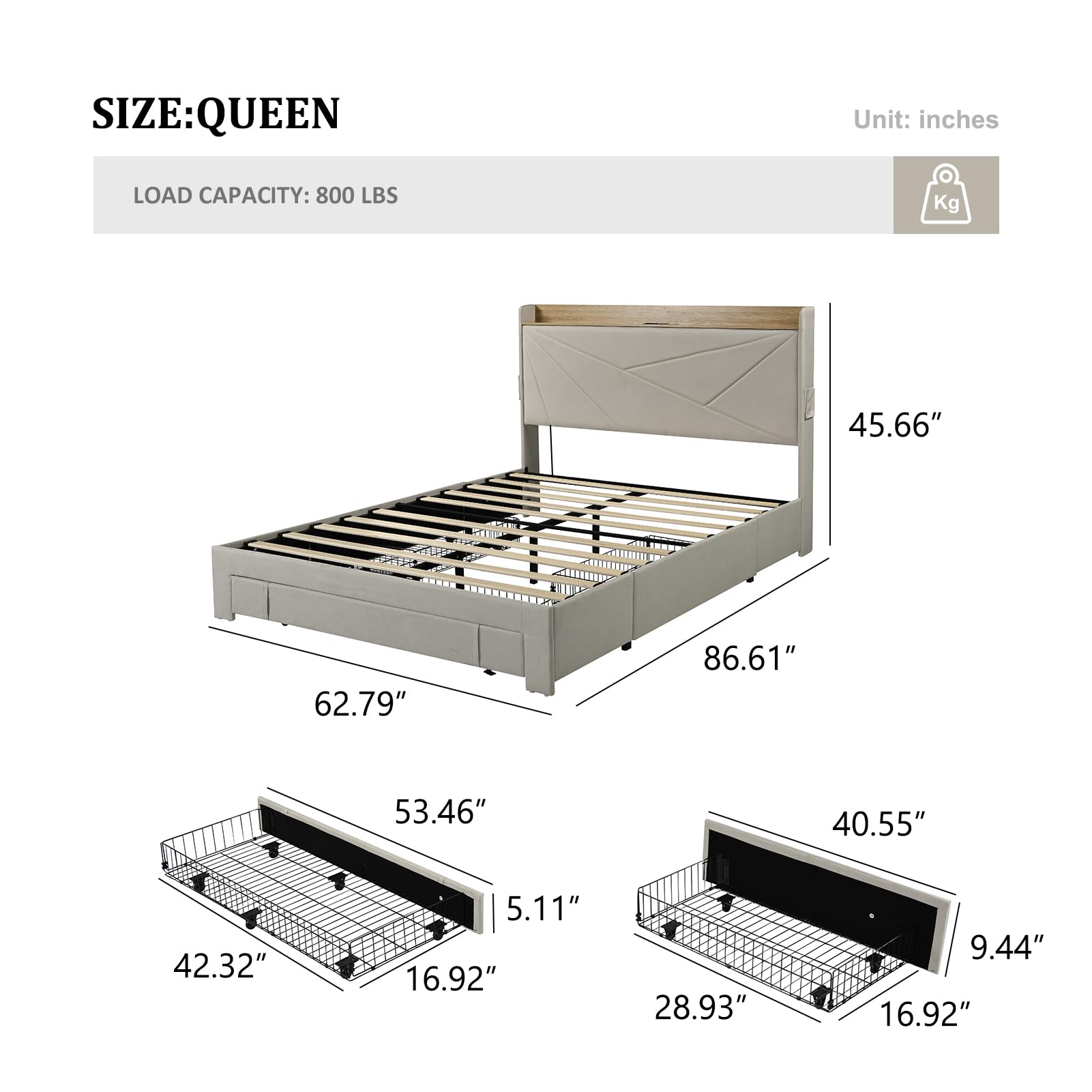 Hixkol Queen Bed Frame with Storage, Bed Frame with Drawers, AC USB & Type C Charge Station,Easy Assembly, Beige