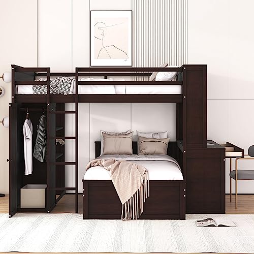 SOFTSEA Full Over Twin Bunk Bed with Desk, Full Size Loft Bed with Wardrobe and Storage, Wood Loft Bed with Stand-Alone Bed for Kids Teens (Espresso)