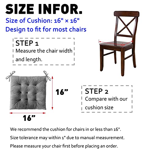 ELFJOY 4 Pack Chair Cushions for Dining Chairs Chair Pads Cushion for Kitchen Office Tufted Square Seat Cushion with Ties (16" Grey Velvet)