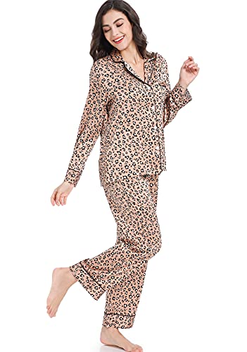 Serenedelicacy Women's Satin Pajama Set 2-Piece Sleepwear Loungewear Long Sleeve Button Down Silky PJ Set (Medium, Tan/Black/Ivory, Leopard)