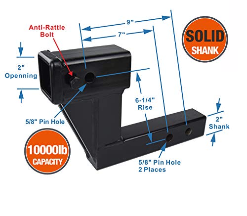 TOPTOW Trailer Hitch Extender Adapter 6" Riser/Drop, 2" Receiver, 2-in Shank, 10000lbs Capacity, with Hitch Lock and 2 Pack of Hitch Clamps…