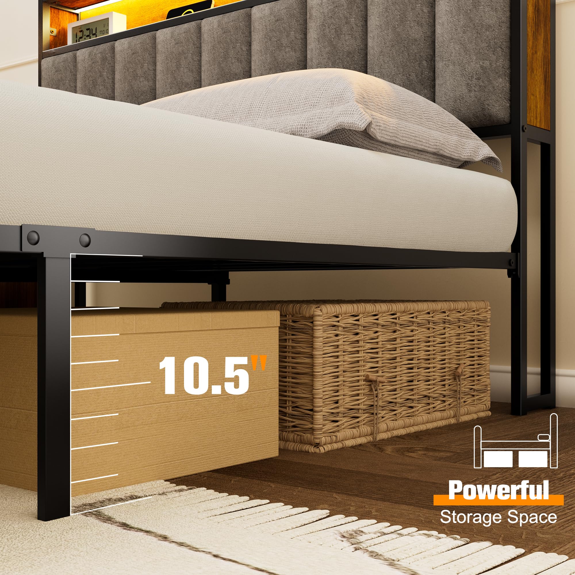 HLHFZP Queen Bed Frame, Queen Bed Frame with LED Light Headboard and 1 Type C & 2 USB Charging Station, Heavy Duty Metal Bed Frame No Box Spring Needed - Easy Assembly and Noise Free (English)