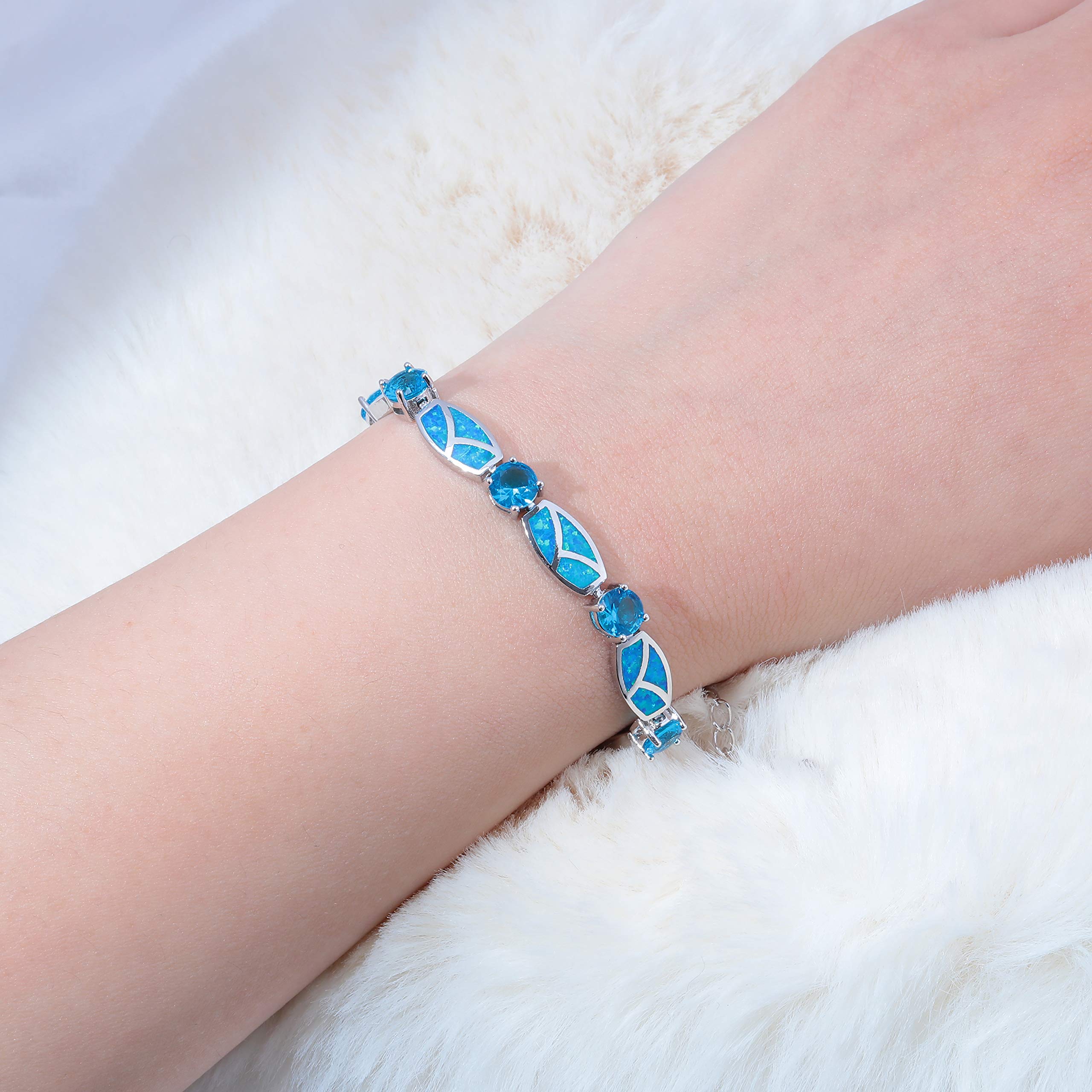 CiNily Created Blue Fire Opal Aquamarine Rhodium Plated for Women Jewelry Gems Chain Bracelet
