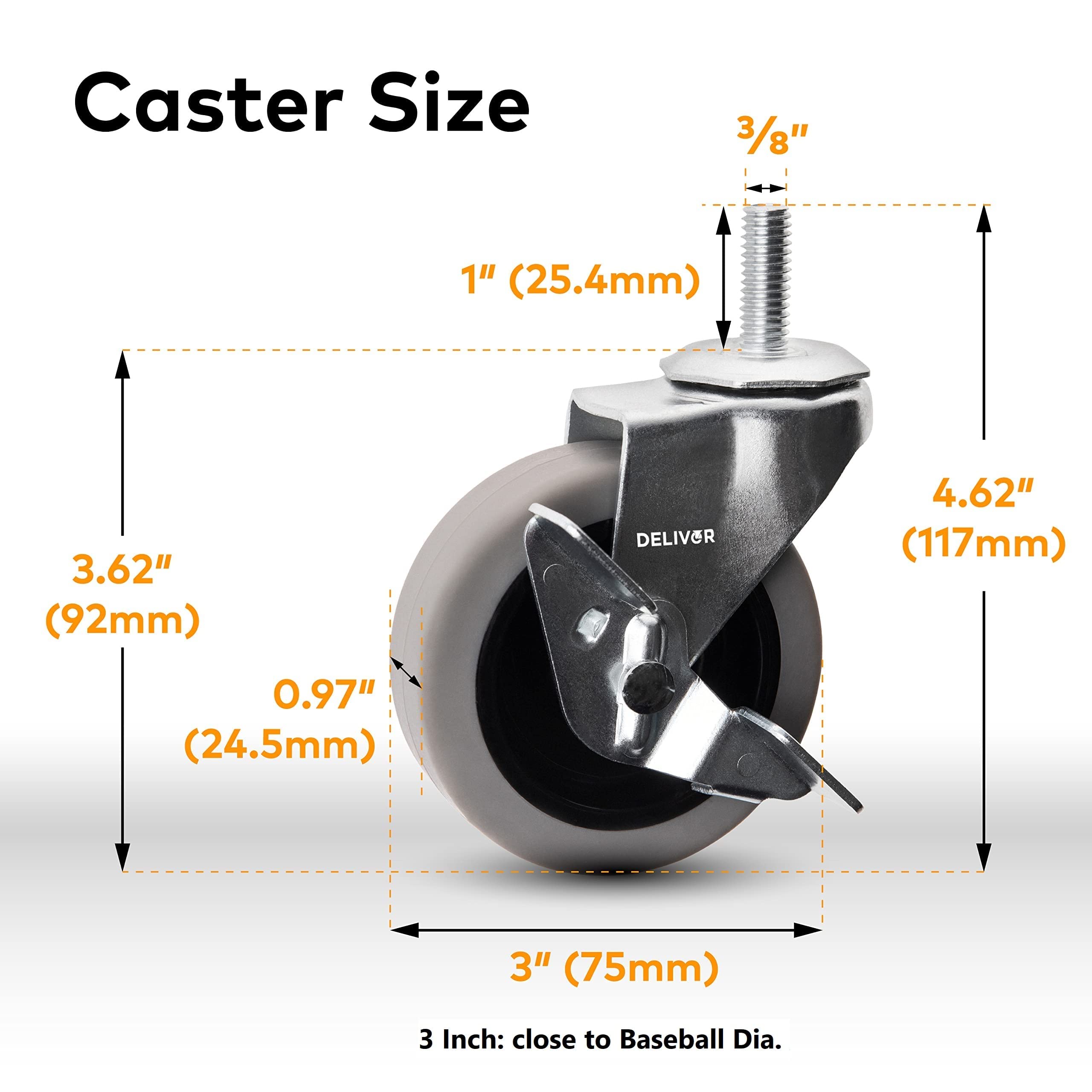 DELIVeR 3 Inch, Locking Swivel Caster Wheels, Set of 4,Heavy Duty with Nylon Nuts for Carts, Replacement Rubber Wheels, Threaded Stem 3/8β-16 x 1β Caster, 130 Lbs Per Caster