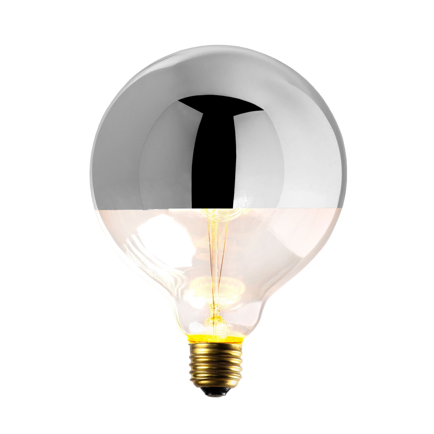 Chrome Tipped Light Bulb - 40 Watt, Silver Half Dipped Edison Bulb, G40 Large Round Globe, E26 (Medium) Base, 120V, Incandescent, Dimmable, Decorative Mirrored Lightbulb - Set of 2