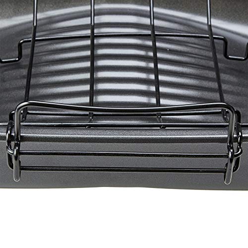 Goodcook Quick Roaster Pan and locking rack, with juice gathering pools for easier, safer, faster basting, 17x12x3 inches, Grey