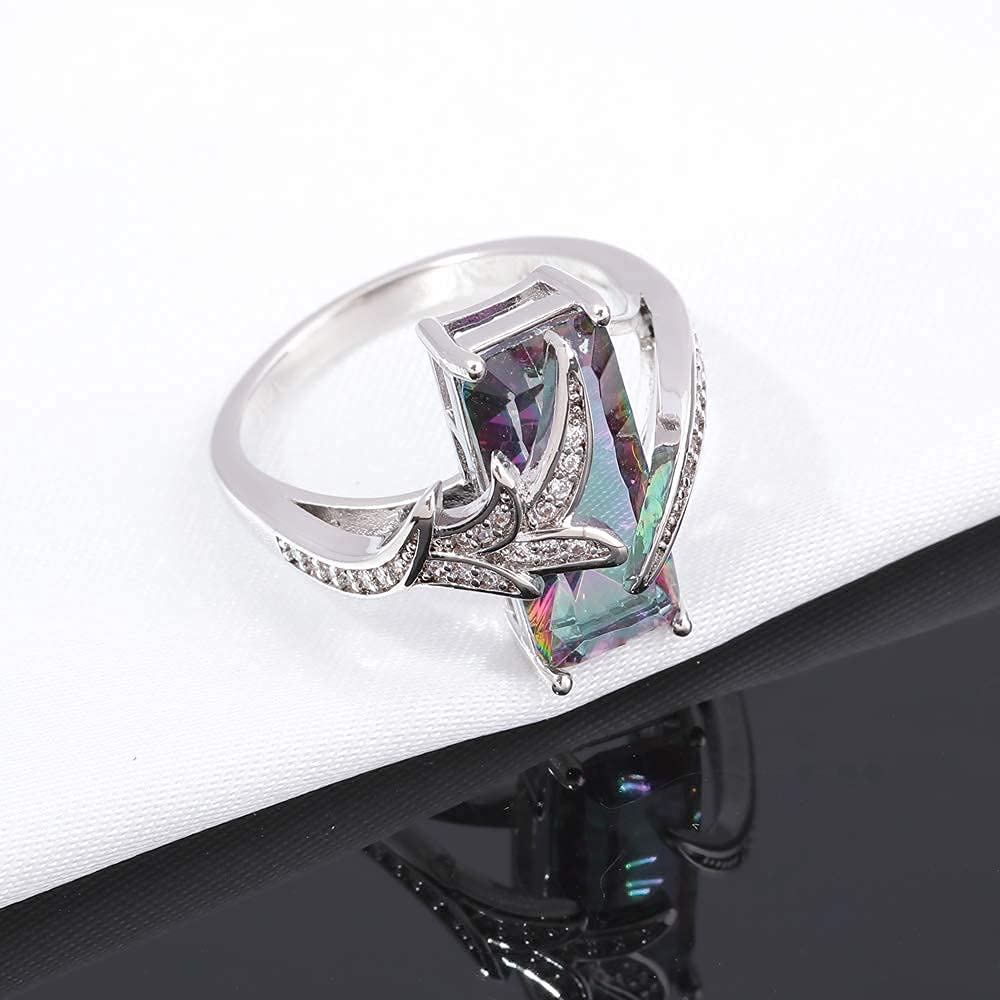 CiNily Womens Created Rainbow Topaz Rings White Gold Plated Jewelry Gifts Engagement Rings Size 7