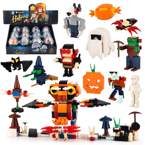 Hxezoc 12 in 1 Halloween Mini Building Blocks for Kids, Surprise Splice Eggs with Toys Zombie, Skeleton, Witch, Bat Building Blocks for Kids Halloween Birthday Party Favors Party Games Supplies