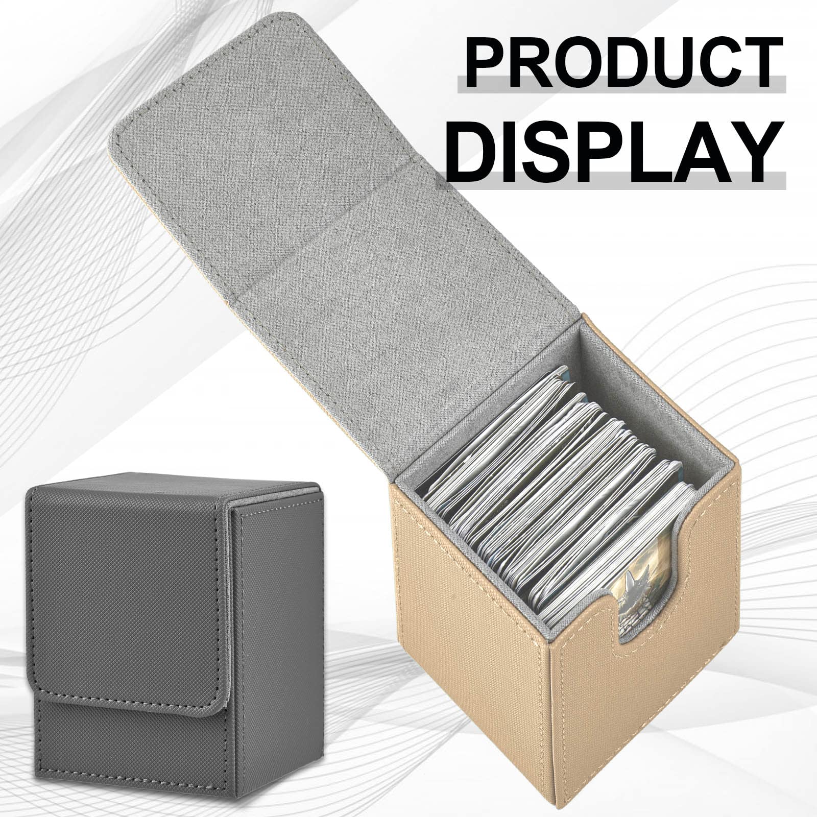 FCSELFLESS 2 Boxes Leather Card Deck Box with 2 Dividers Large Size Fit 100+ Plus Single Sleeved MTG Deck Box for Collectible Cards Deck Compatible CCG,TCG(Sand color&Grey, Vertical)