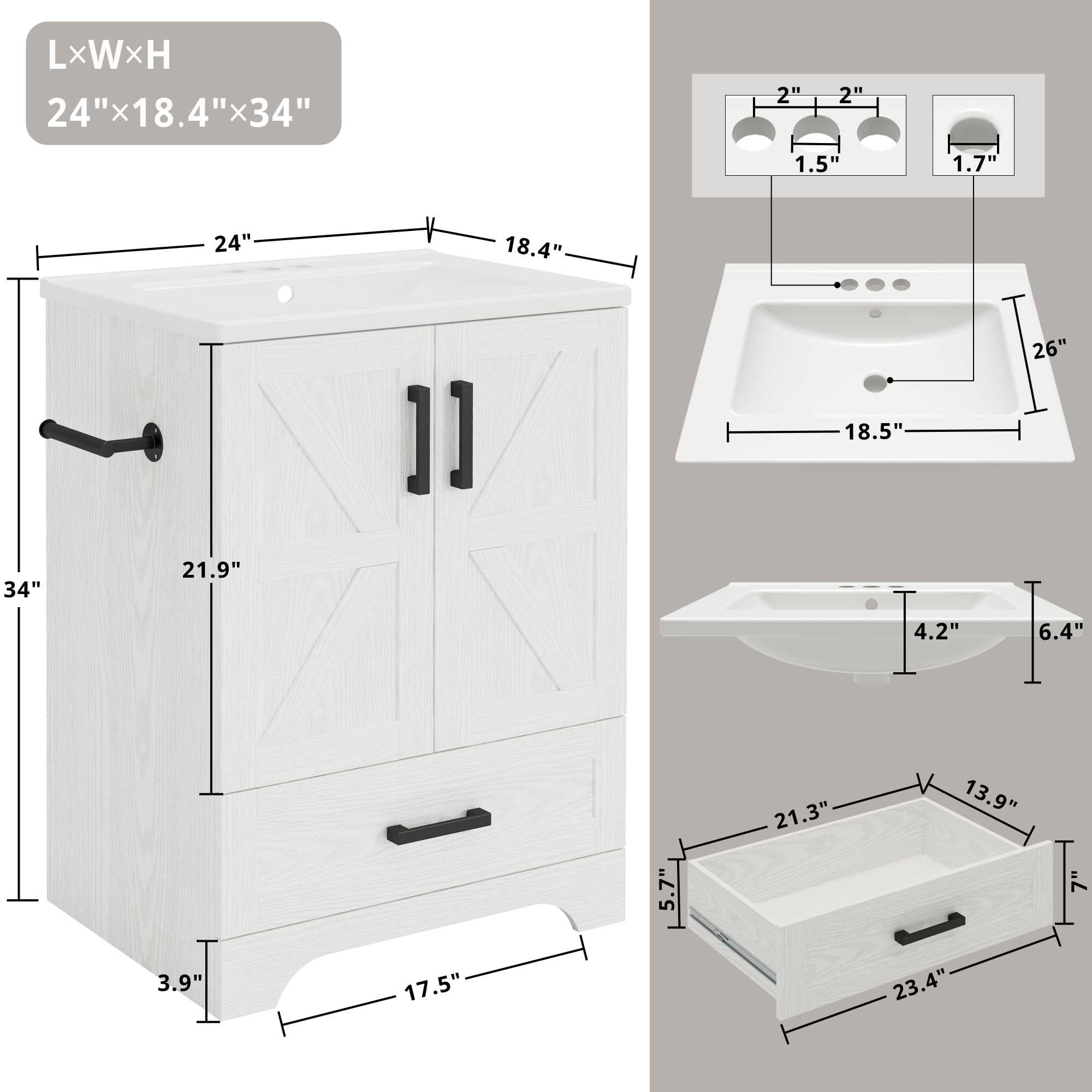 IRONCK Bathroom Vanity, 24" Bathroom Vanity with Sink, Farmhouse Wood Fixture Stand Pedestal Bathroom Cabinet with Drawer, Easy Assembly