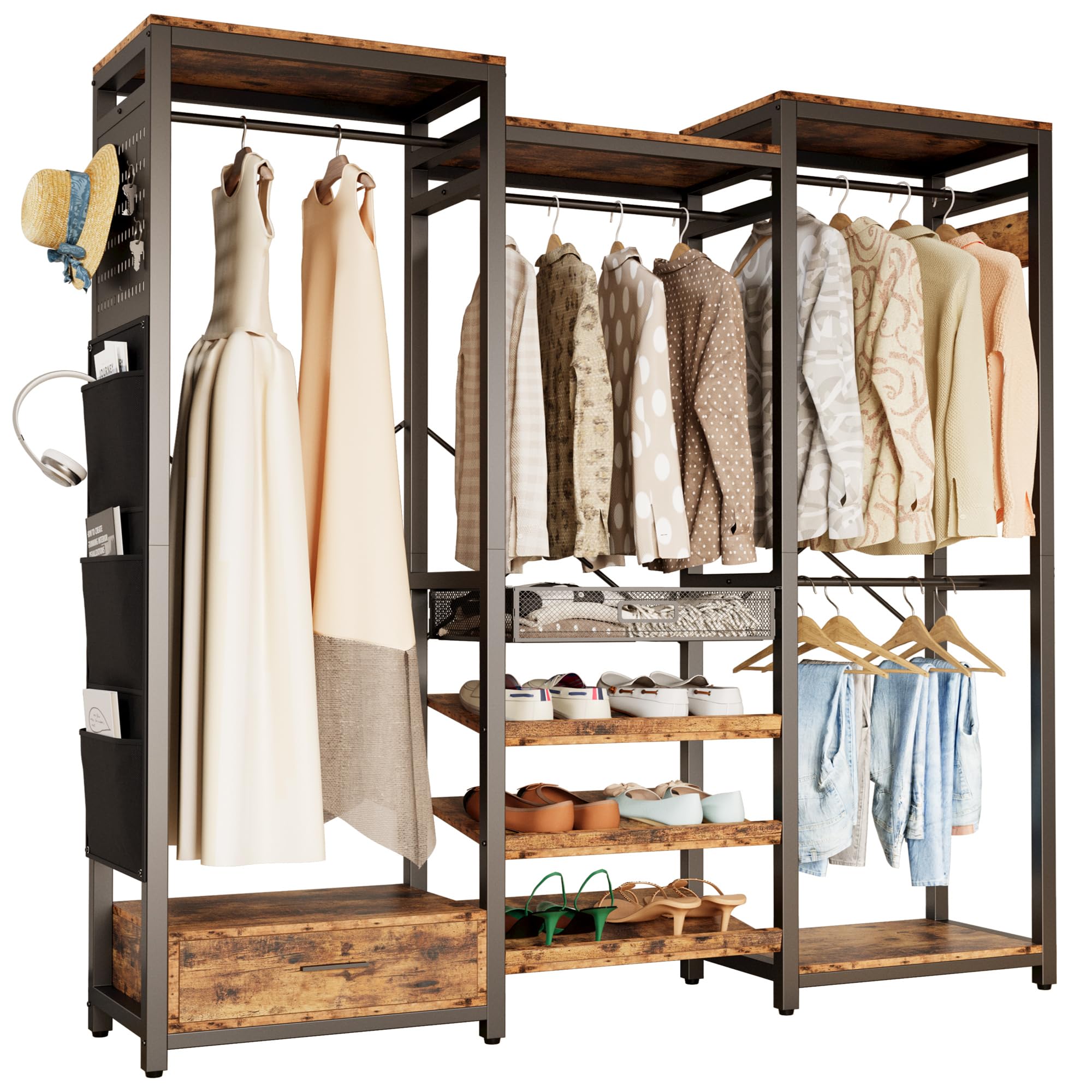 IRONCK Clothes Rack with 3 tier Shelves for Shoes & 2 Drawers, Heavy Duty Garment Rack with Hanging Rods, Closet Organizers and Storage, Vintage Brown