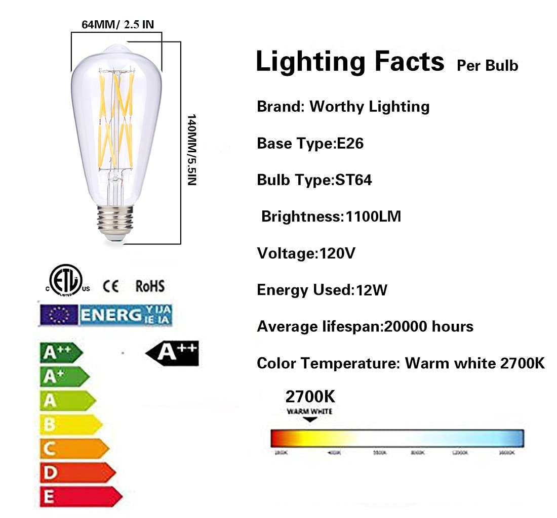 Dimmable LED Edison Bulb, 12W LED Bulb, 3000K Soft White 1100 LM,Edison Style Vintage LED Filament Light Bulb, E26 Base Vintage ST64 Edison Clear Glass Light Bulbs, Unique LED Filament Bulb , 6 Pack